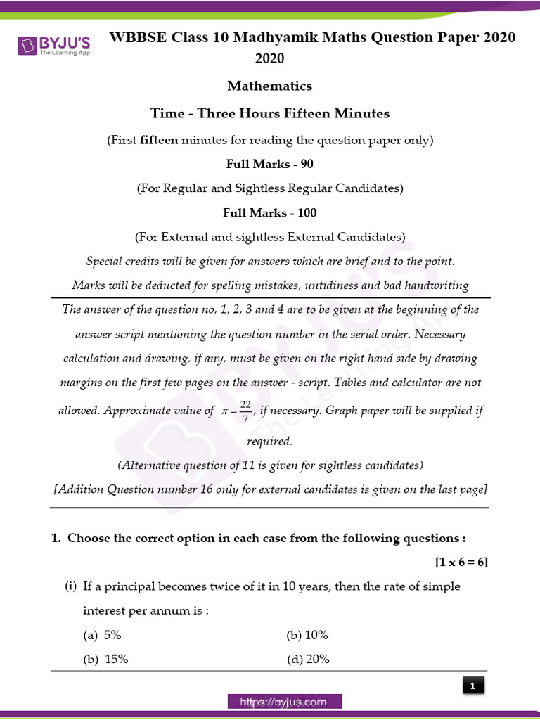 WBBSE Class 10 Madhyamik Maths Question Paper 2020 | PDF | Mathematics