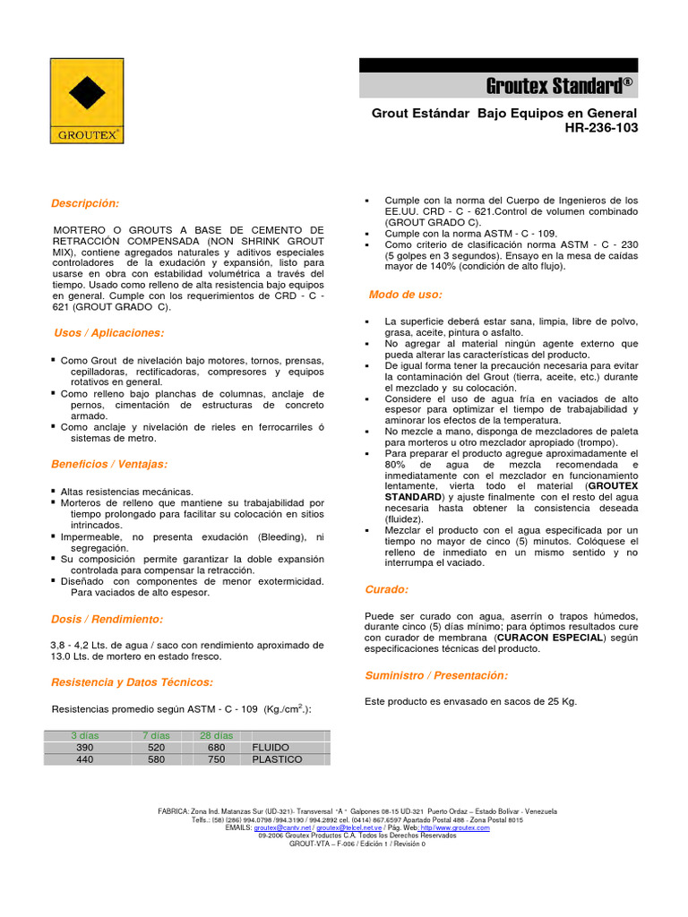 Grout Estándar para Equipos Industriales | PDF | Mortero (Albañilería ...