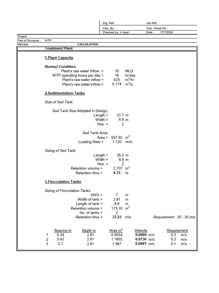 WTP Design Calculation Overview | PDF | Discharge (Hydrology) | Water