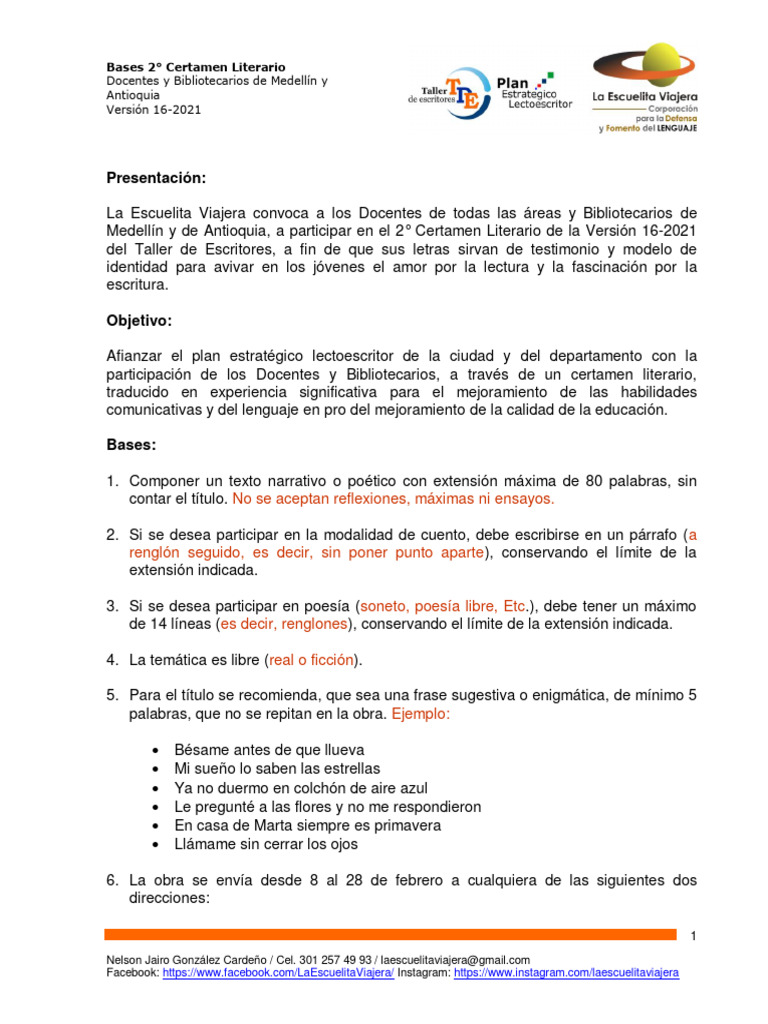 BASES-DOCENTES-CertamenLiterario - Taller de Escritores de La Escuelita ...