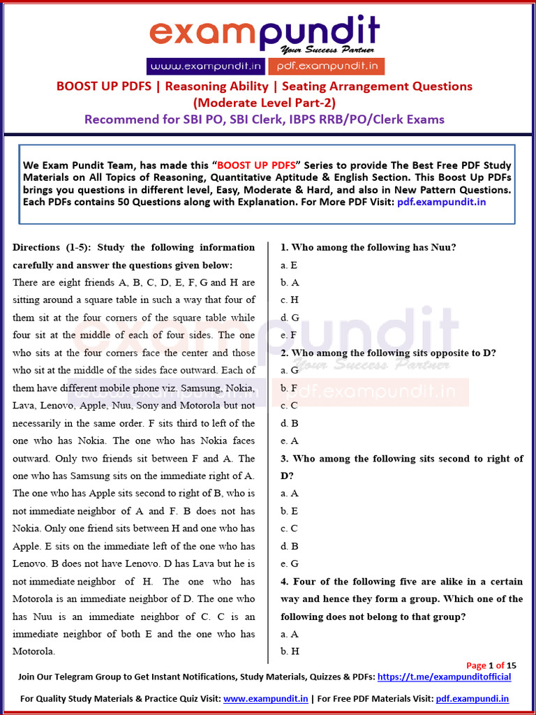Reasoning Ability: Seating Arrangement PDF | PDF | Quiz
