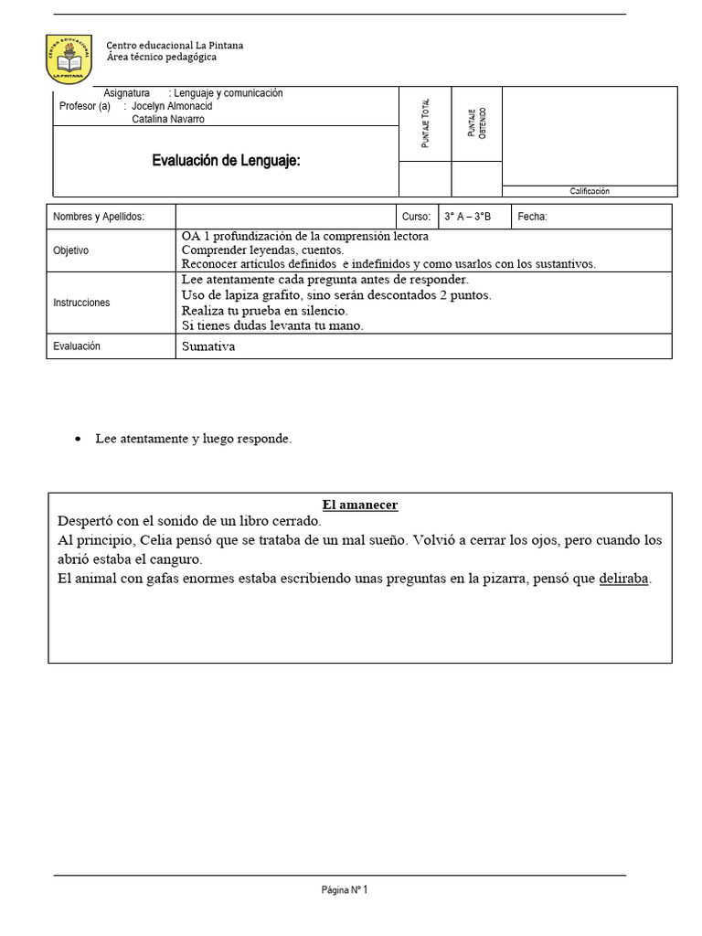 Prueba Lenguaje 3ro | PDF