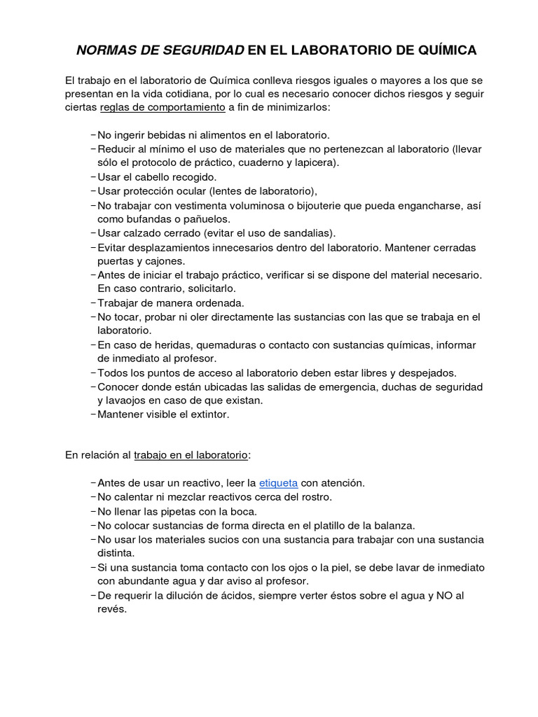 Normas de Seguridad en El Laboratorio | PDF | Laboratorios | Agua