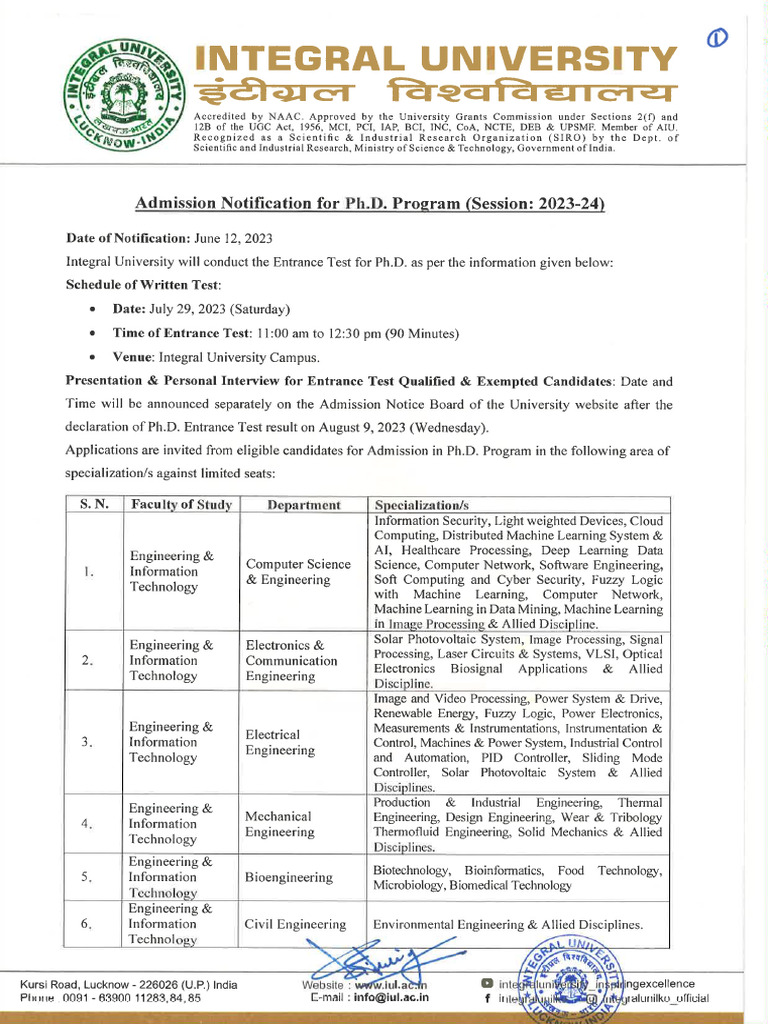 Admission-Ph.D. Admission Notification 2023-24 | PDF