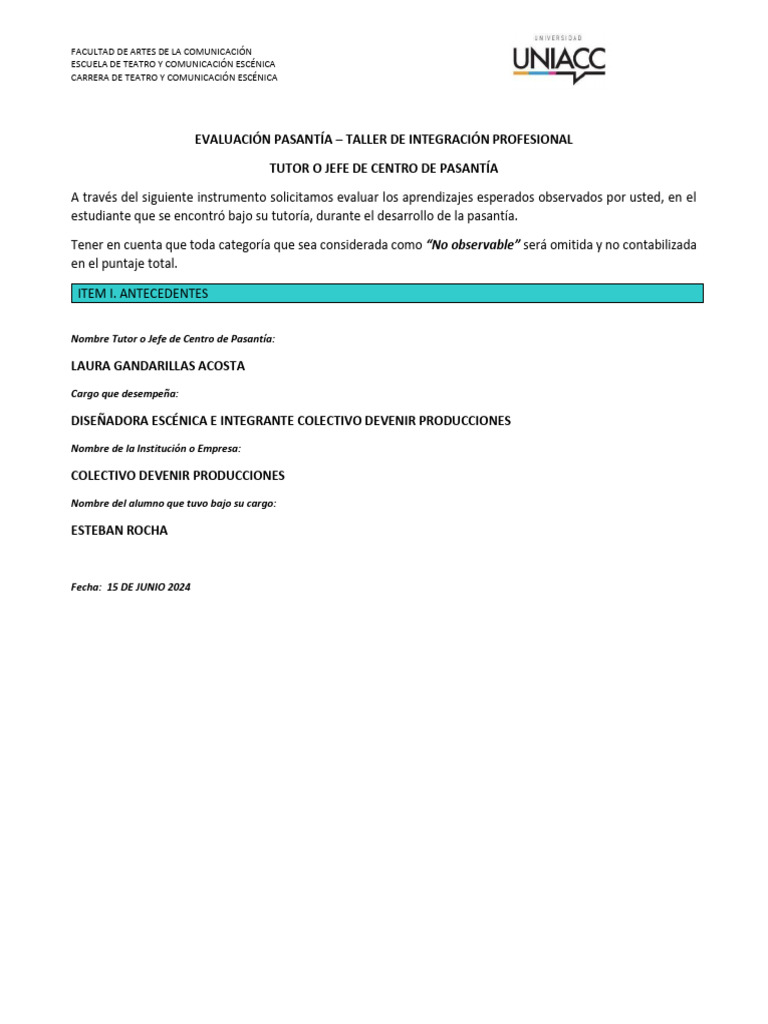 Ficha Evaluación Tutor práctica profesional ESTEBAN ROCHA | PDF | Teatro | Percepción