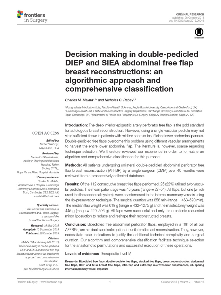 Decision Making in Double-Pedicled Diep and Siea Abdominal Free Flap Breast Reconstructions: An ...