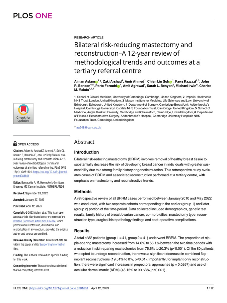Bilateral Risk-Reducing Mastectomy and Reconstruction-A 12-Year Review ...