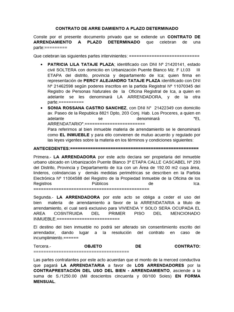 Contrato de Arre Damiento A Plazo Determinado | PDF | Juez | Documentos ...