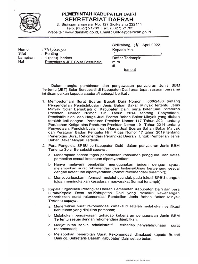 Surat Penyaluran JBT Solar Bersubsidi | PDF