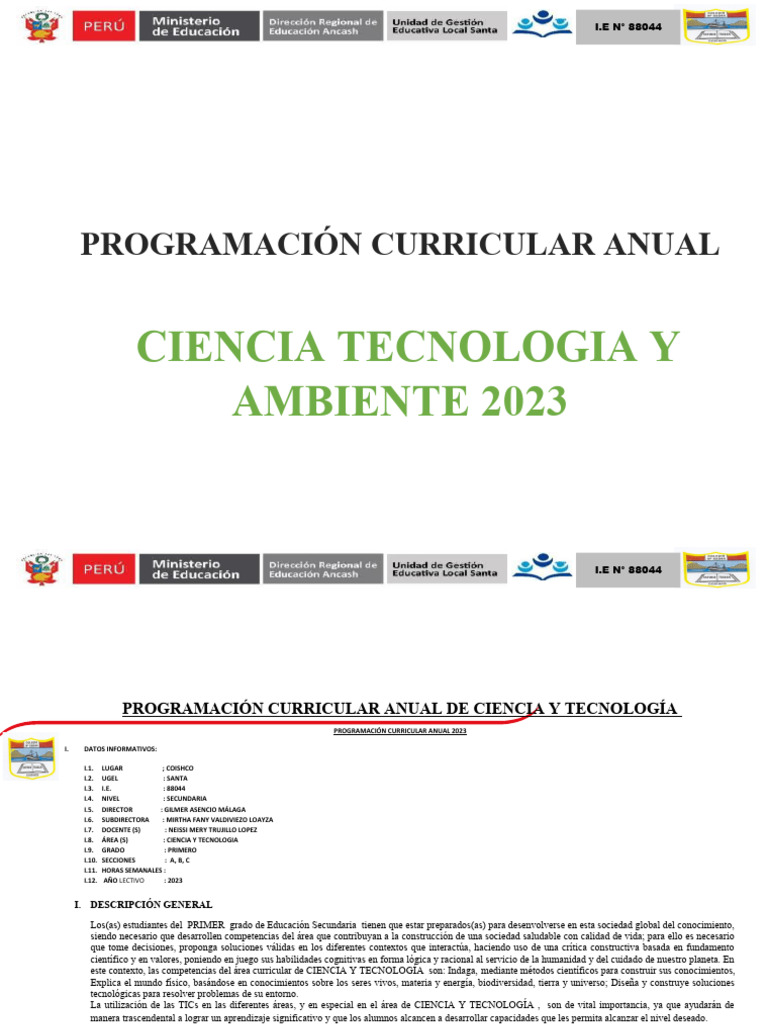 Programacion Anual CTA 1RO OK-1 | PDF | Aprendizaje | Evaluación