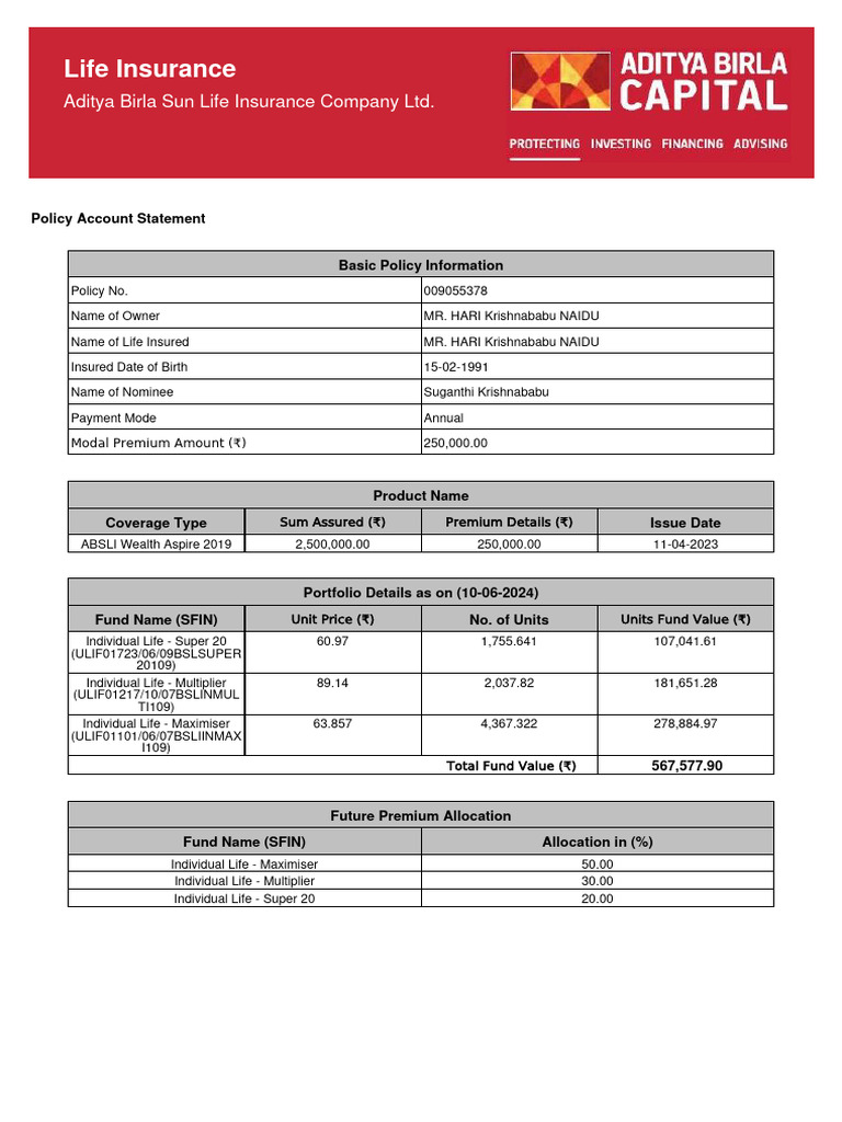 Policy Accoumt Statement 009055378 01-01-2023 06-06-2024 ABSLI | PDF ...