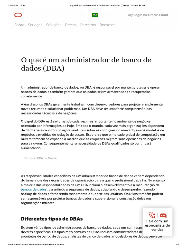 O Que É Um Administrador de Banco de Dados (DBA) - Oracle Brasil | PDF ...