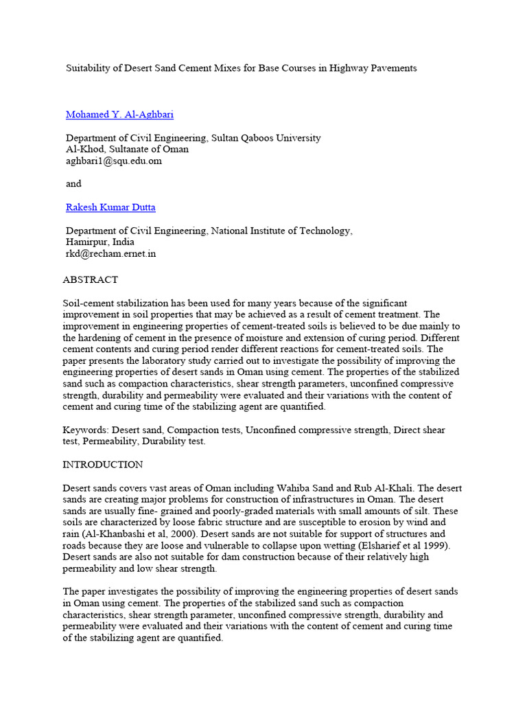 Suitability of Desert Sand Cement Mixes For Base Courses in Highway ...