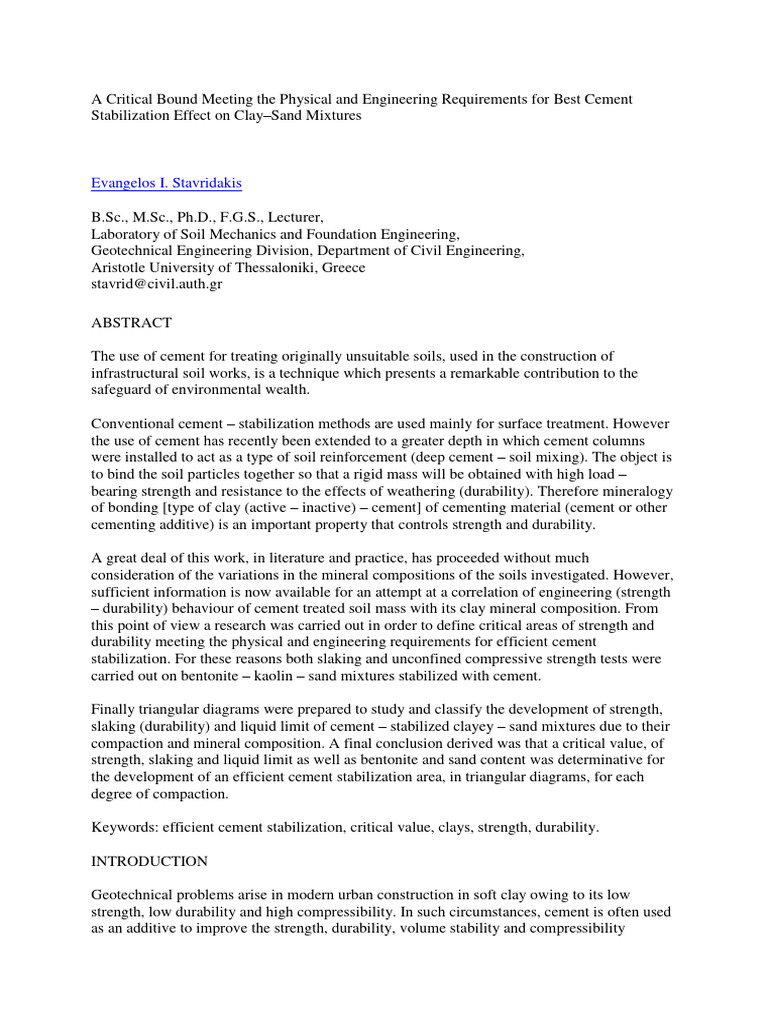 Cement Stabilization of Clay-Sand Mixtures | PDF | Clay | Cement