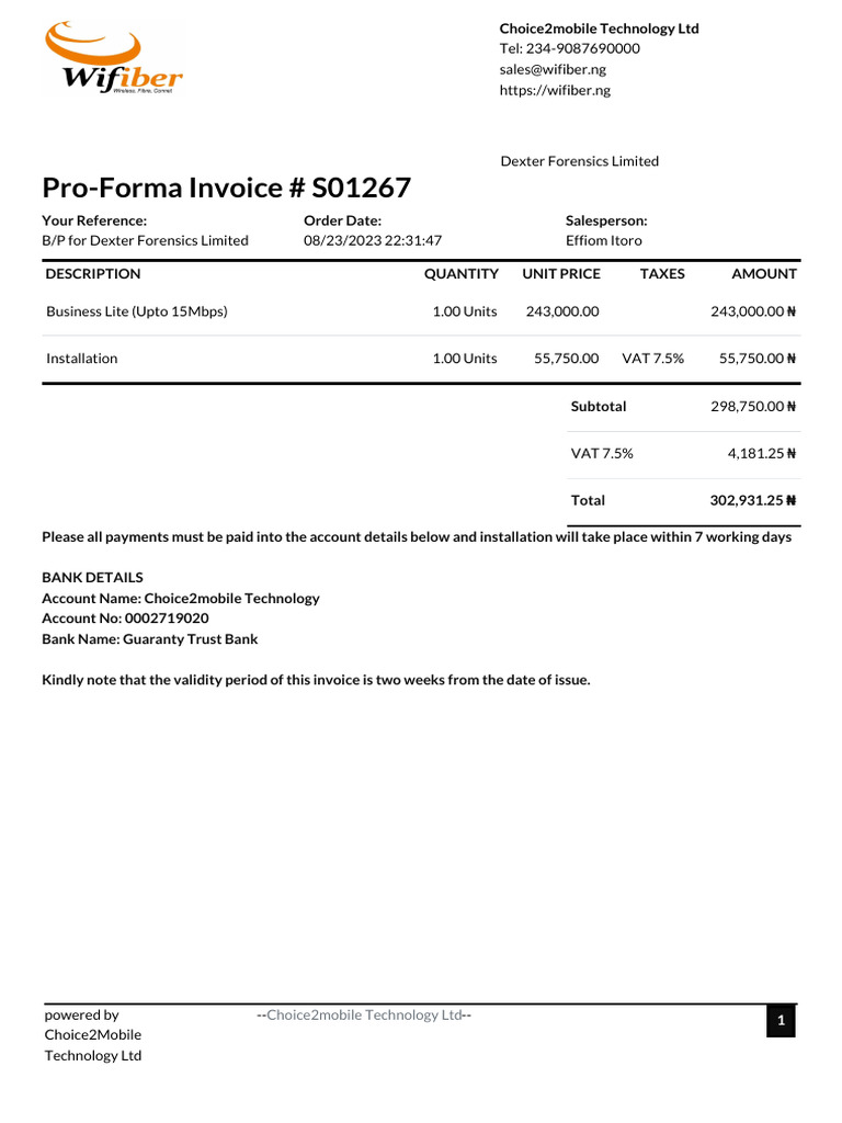 Choice2mobile Technology LTD Proforma Invoice (S01267) | PDF | Finance & Money Management