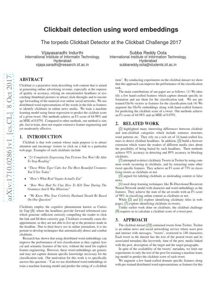 Clickbait Detection Using Word Embeddings | PDF | Machine Learning | Applied Mathematics