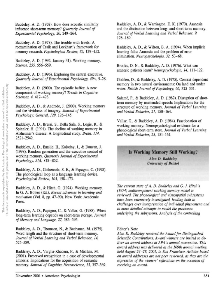 S Working Memory Still Working? Man I) - Baddeley University of Bristol | PDF | Memory | Brain