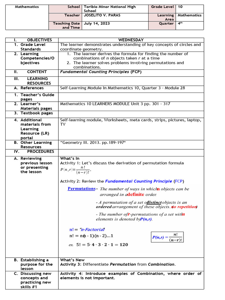 Daily Lesson Log Cot 2 2023 Paras | PDF | Learning | Mathematics