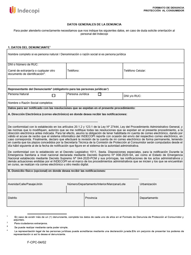 Formato de Denuncia (Ops, CPC) F-cpc-04 | PDF | Protección al Consumidor | Documento de identidad