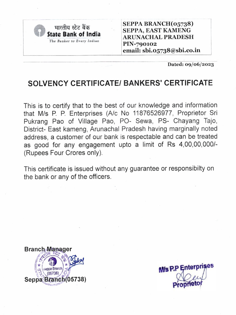 Solvency Certificate | PDF