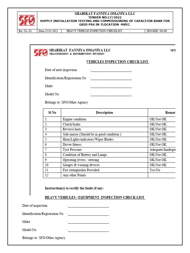 9.veihcle Inspection Check List | PDF | Vehicles | Truck