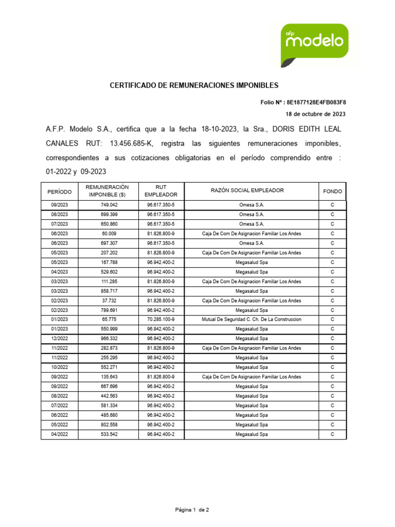 Certificado de Remuneraciones Sra. Leal | PDF | Finanzas y dinero ...