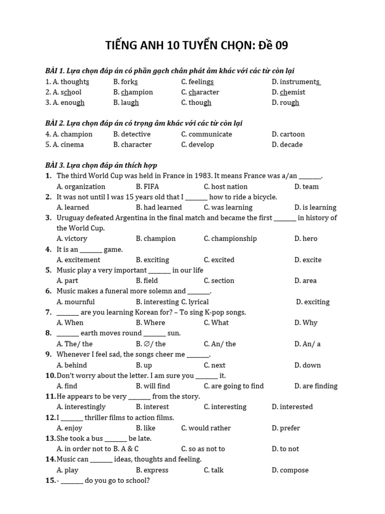 TA10 - Đề 09 + KEYS | PDF | Bus | Public Services
