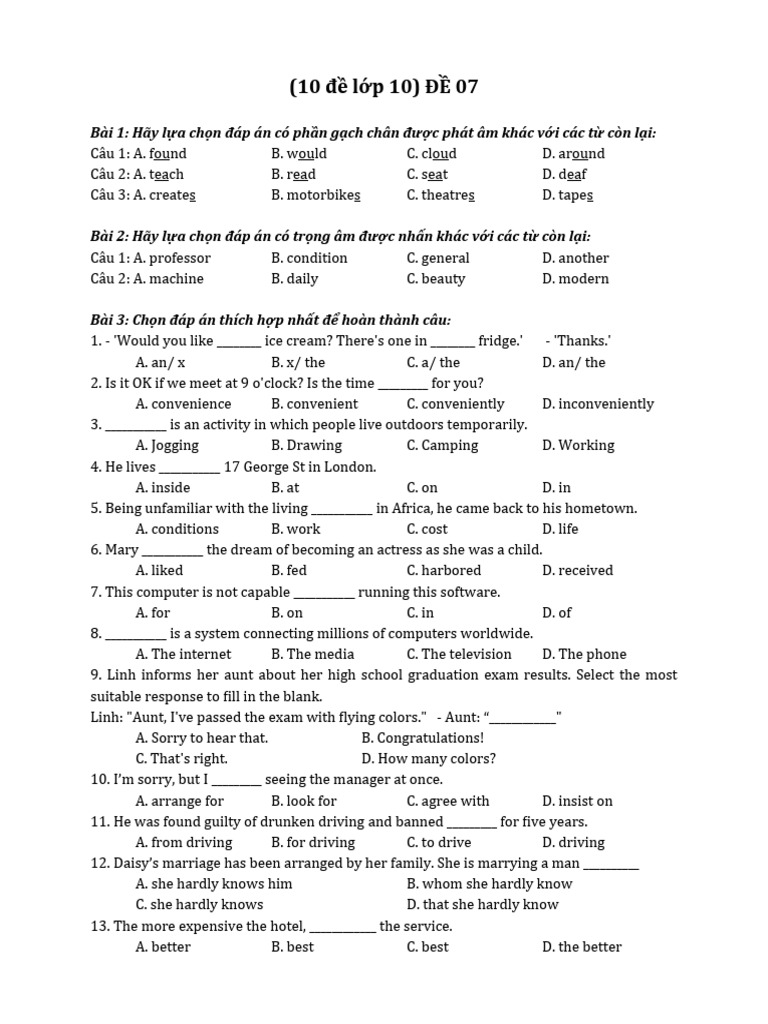 TA10 - Đề 07 + KEYS | PDF | Turtle | Reptile