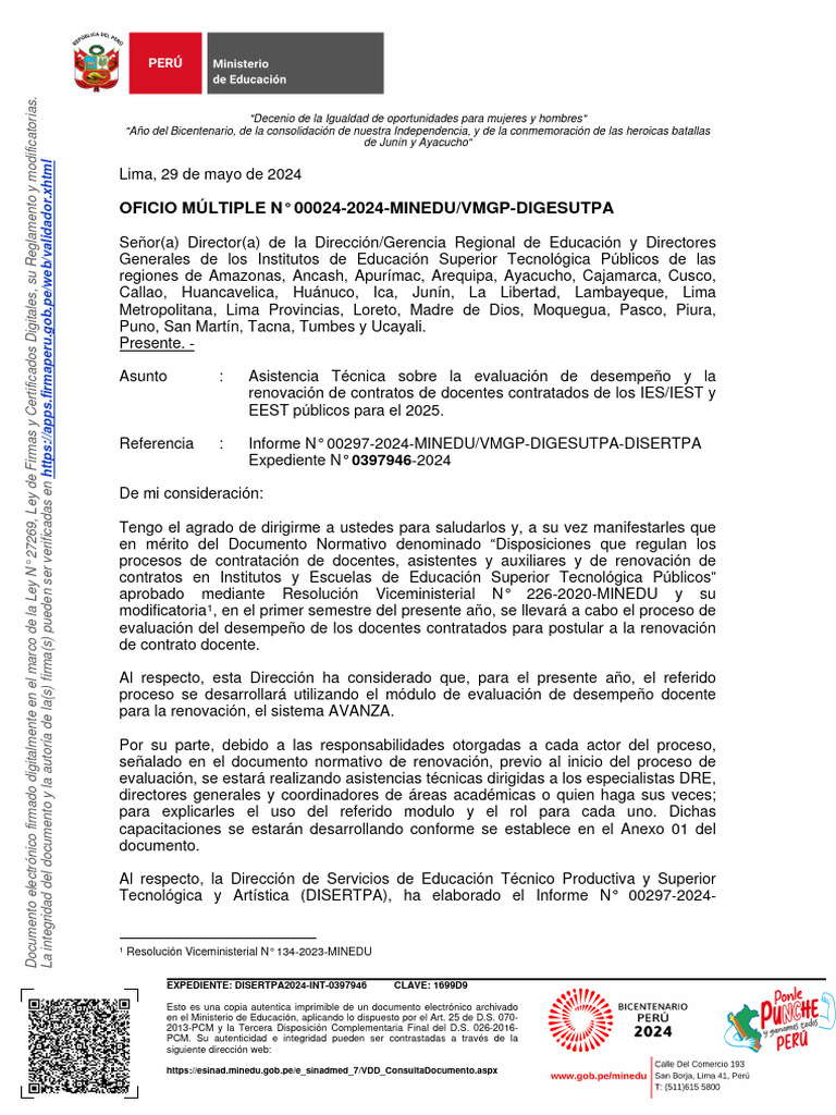 Oficio - Multiple 00024 2024 Minedu VMGP Digesutpa Invitación at Renovacion | PDF | Educación ...