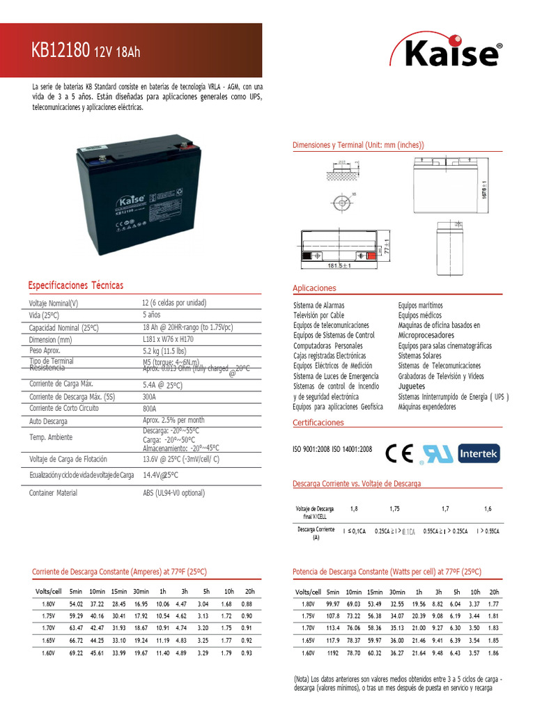 Kb12180 (Kaise 12 V 18 Ah Modelo Actual) Integrador | PDF | Electrónica | Ciencia de los Materiales