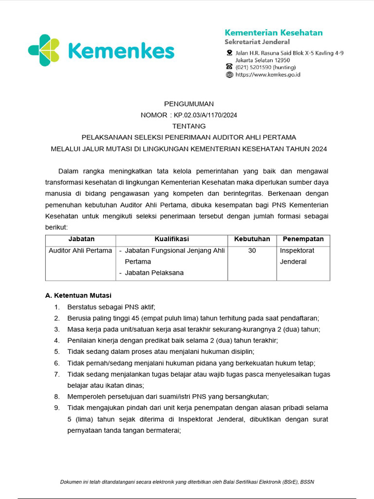PELAKSANAAN_SELEKSI_PENERIMAAN_AUDITOR_AHLI_PERTAMA_JALUR_MUTASI_2024 | PDF
