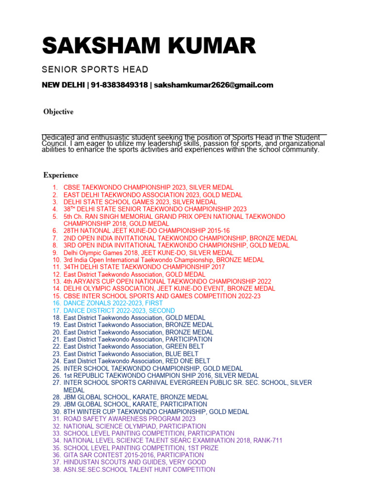 Saksham Kumar: Senior Sports Head | PDF | Travel