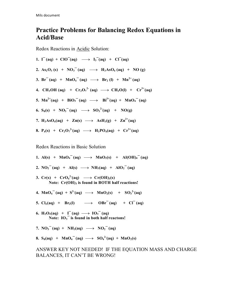 Practice Problems For Balancing Redox Equations in Acid | PDF