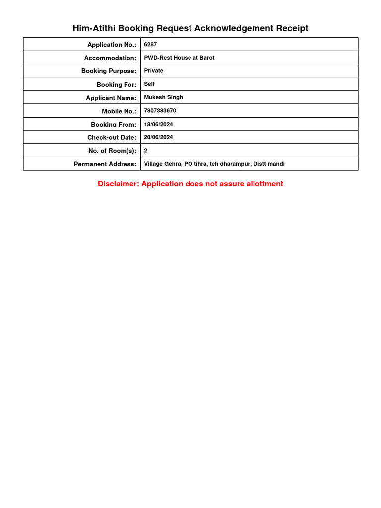 Him-Atithi Booking Acknowledgment Receipt | PDF