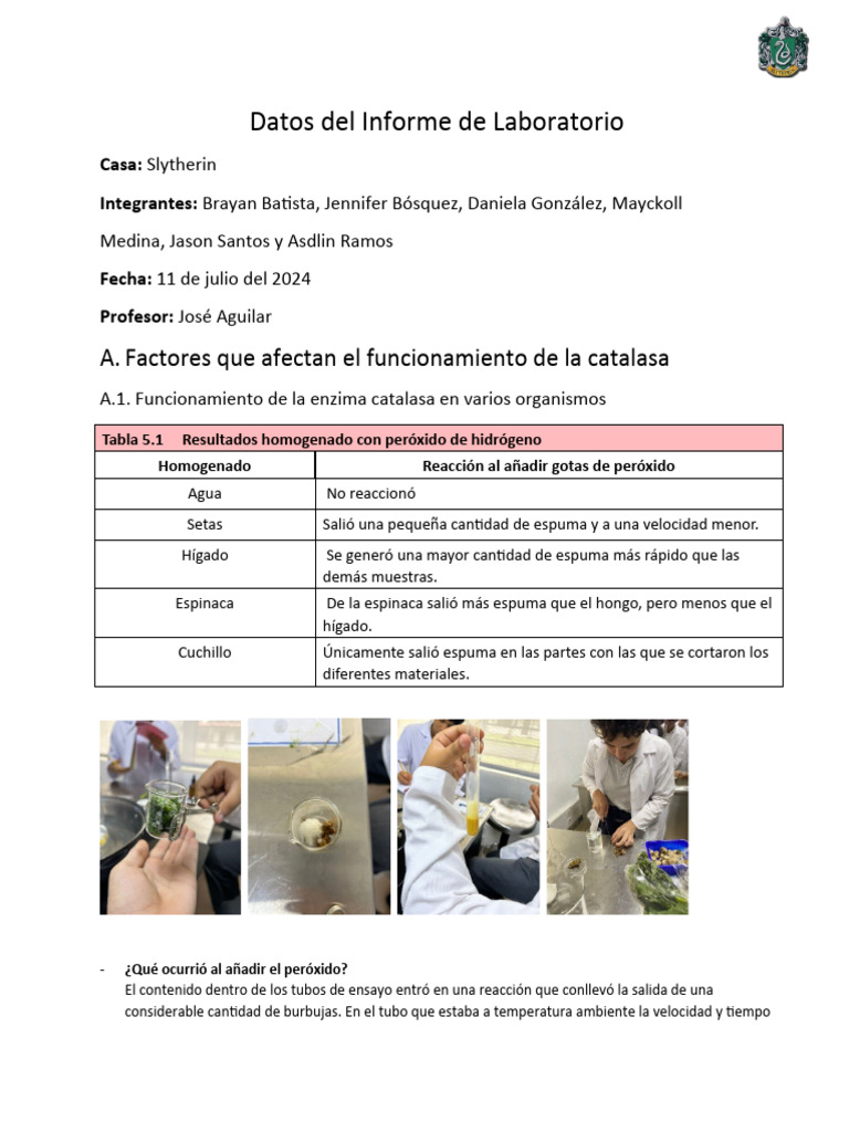 Datos del Informe de Laboratorio - Enzimas | Descargar gratis PDF | Enzima | Ph