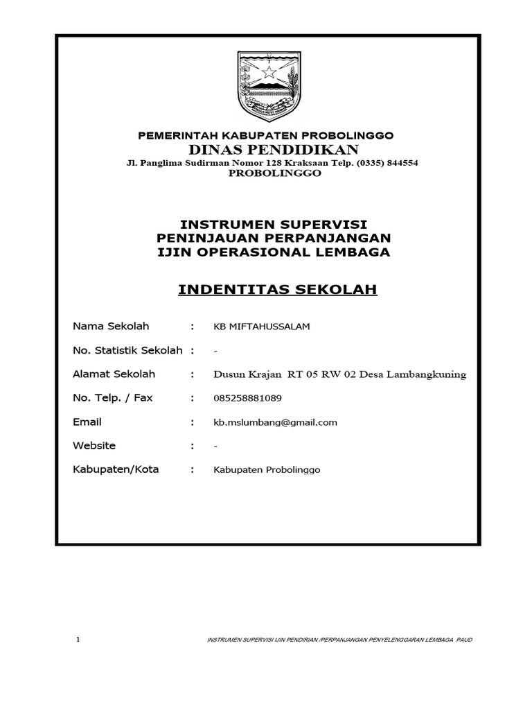 Instrumen Perpanjangan Ijin Operasional Lembaga - PAUD BOUGENVIL | PDF