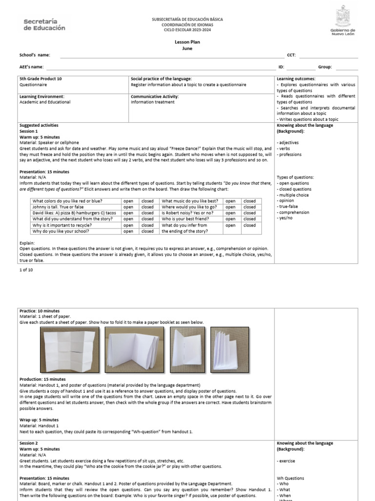 5th Grade Lesson Plan Product 10 June | PDF | Question | Syntax