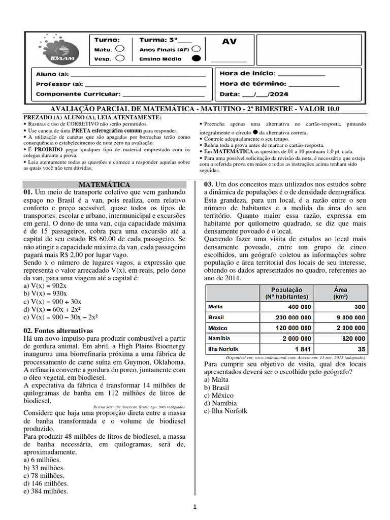 3ª Série - Matemática - Matutino - Av03 - 2º Bimestre - 1ª Chamada | Download grátis PDF ...