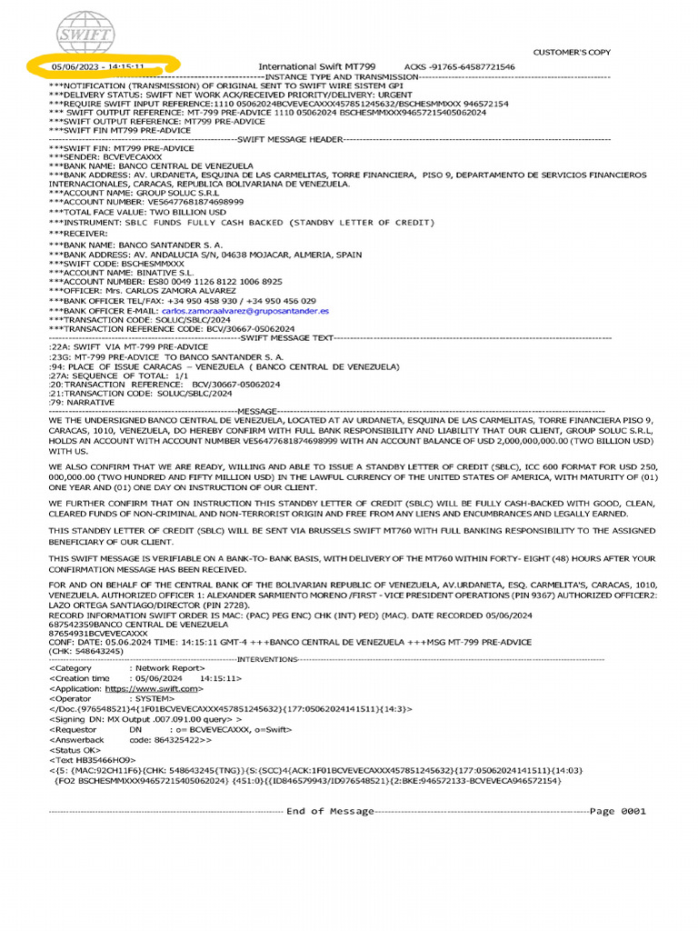 SWIFT MT799 SANTANDER | PDF