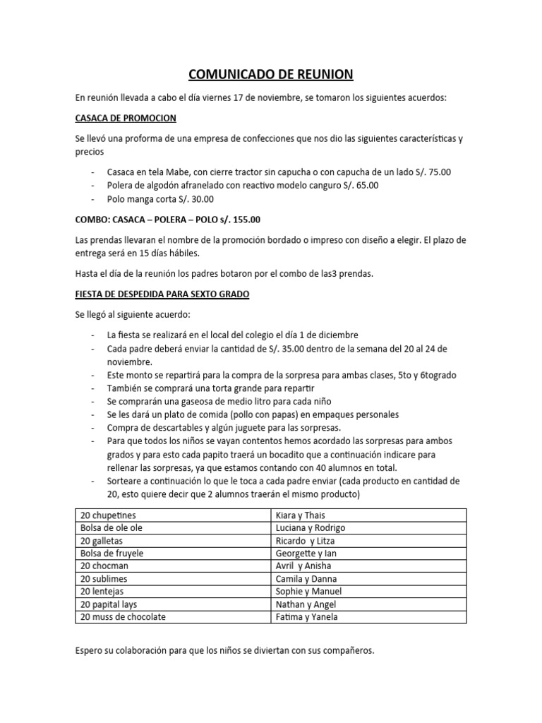COMUNICADO DE REUNION Despedida | PDF