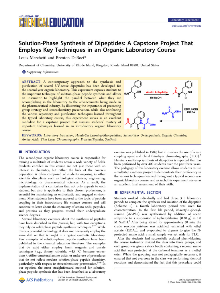 Solution Phase Synthesis Of Dipeptides A Capstone Project That Employs Key Techniques In An
