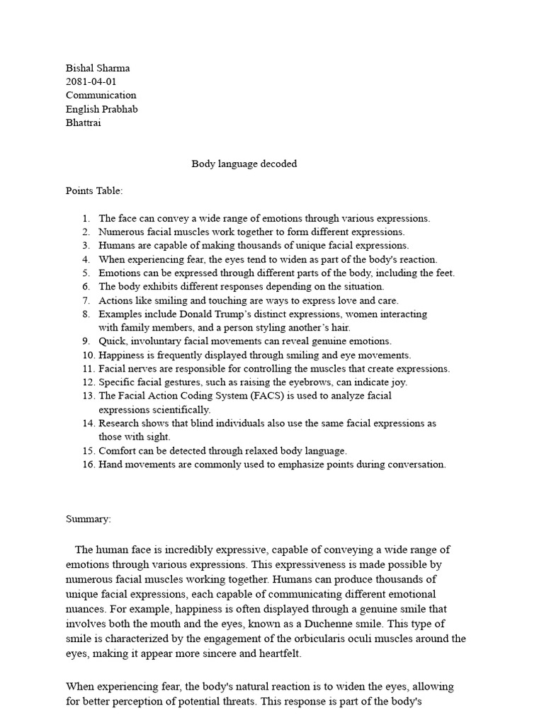Debendra Summary | PDF | Body Language | Facial Expression
