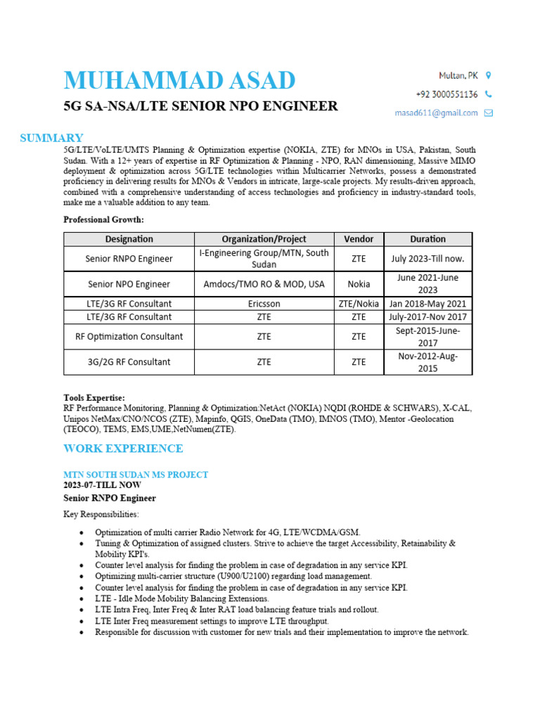 Senior 5G NPO Muhammad_Asad_CV | PDF | Lte (Telecommunication) | High ...