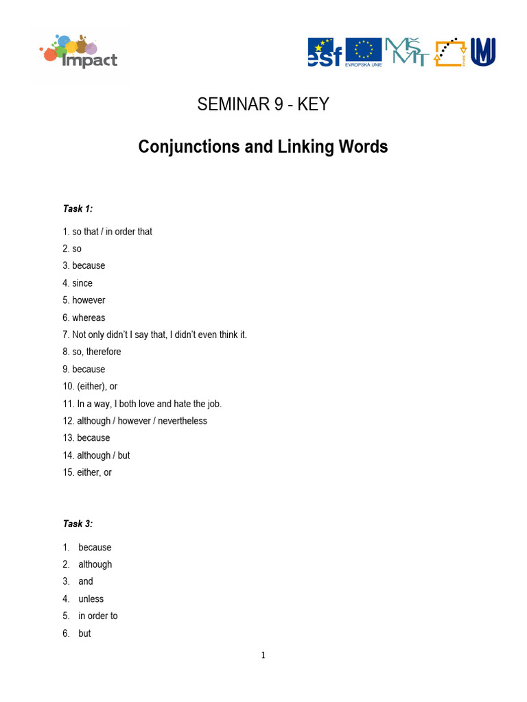 Seminar 9 - Conjunctions and Linking Words - Key | PDF | Language Arts & Discipline