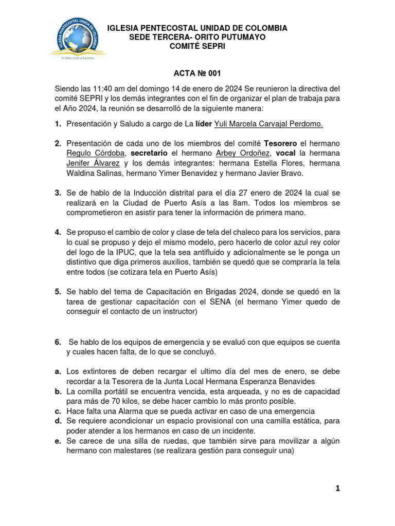 Acta del Comité SEPRI 2024 en Orito | PDF