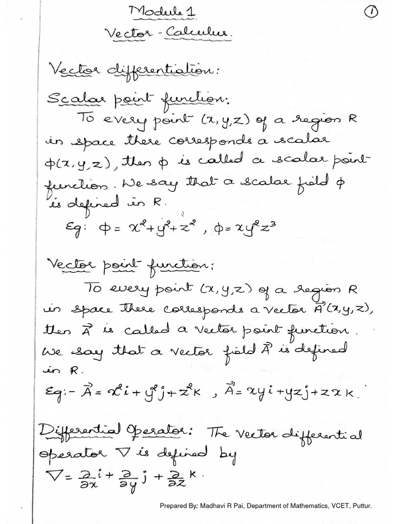 Notes 1 Module 1 Vector Calculus Introduction Pdf