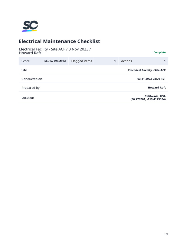 Electrical Maintenance Checklist Sample Report SafetyCulture | PDF ...
