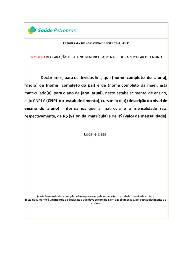 Modelo de Declaração Escolar | PDF Modelo de Declaração Escolar | PDF