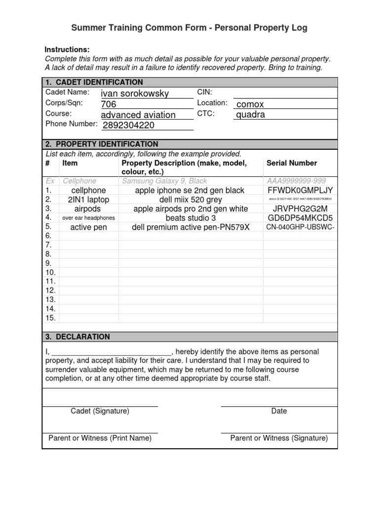 Common Personal Property Log en Form COMPLETE | PDF