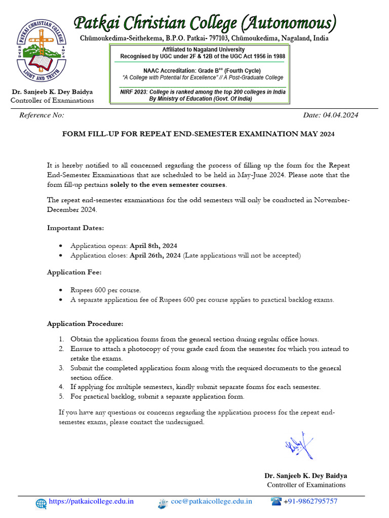 Form Fillup For Repeat End Semester Examination May 2024 | PDF ...